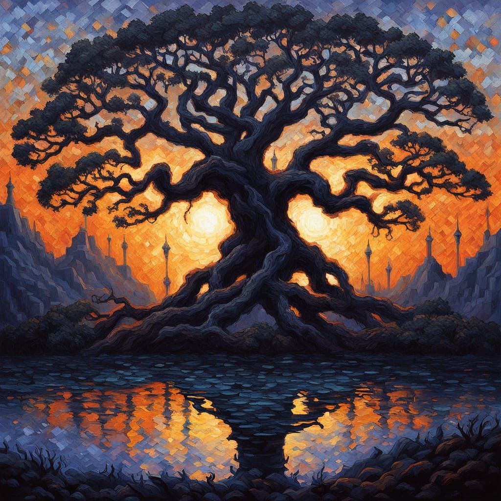 Monochromatic Yggdrasil Pixel Art: A Cosmic Norse ... - AI Art