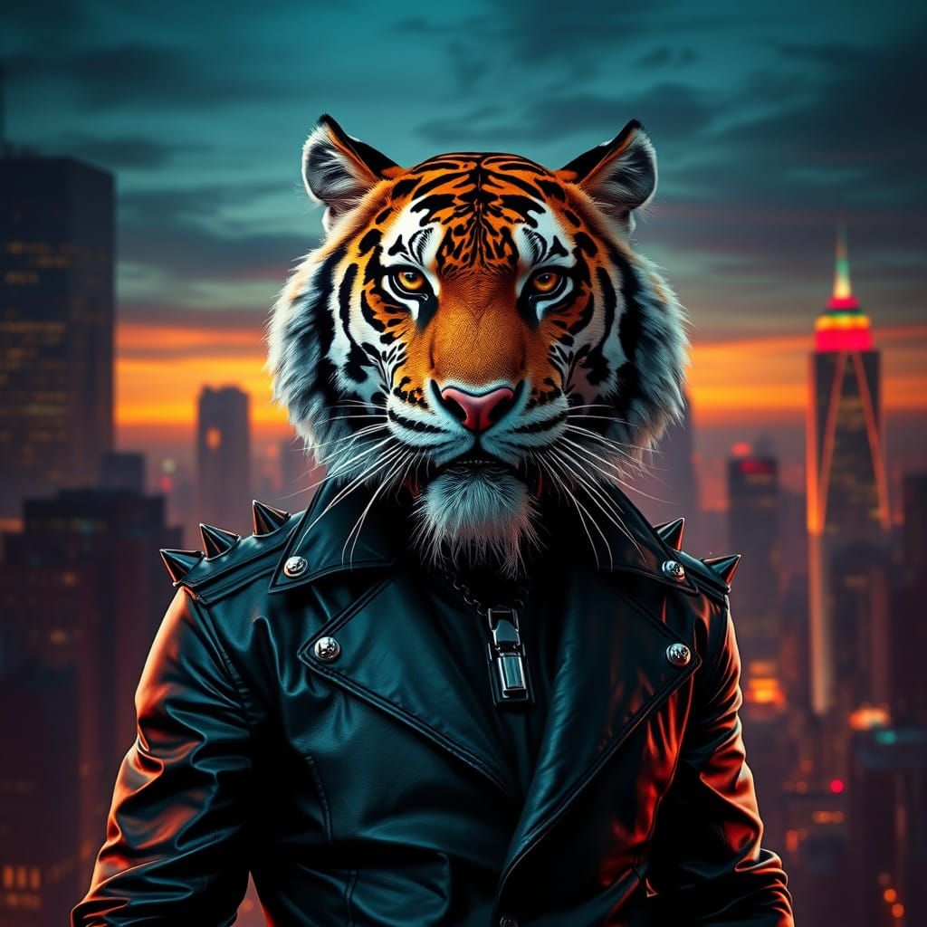 Cyberpunk Tiger in High-Collared Leather Suit - AI Art