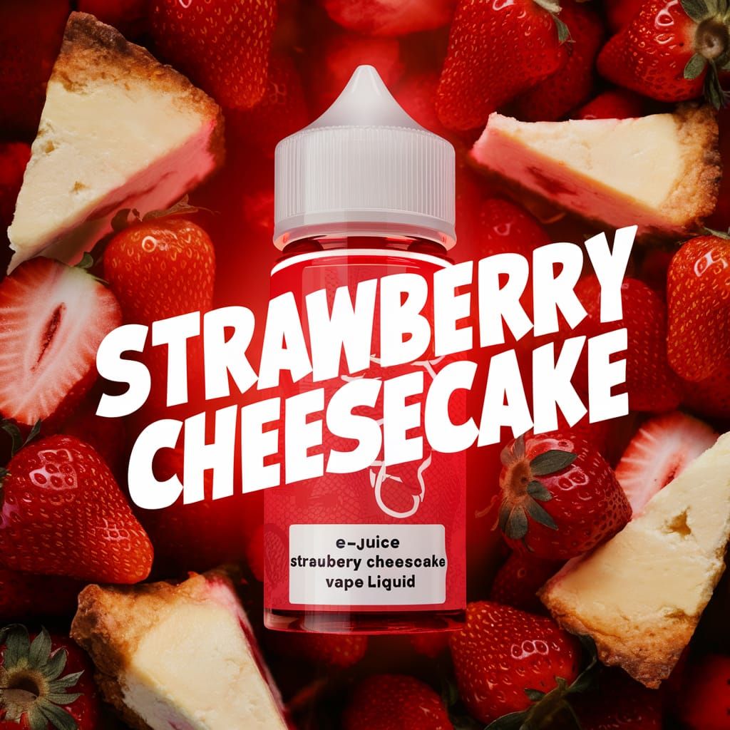 An E Juice bottle. Main Text: "Strawberry Cheesecake" in a bold, comic ...