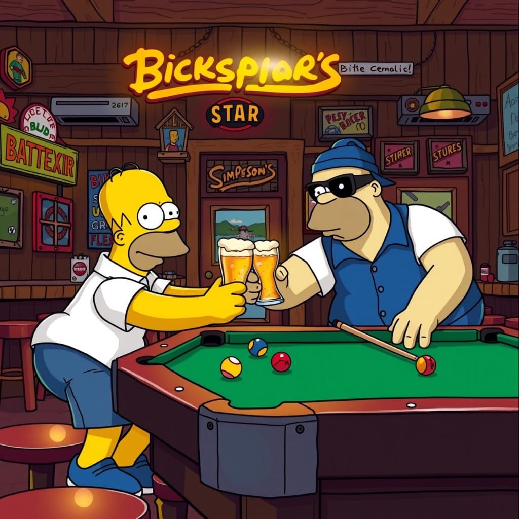 Homer Simpson and Peter Griffin Play Pool in a Bik... - AI Art