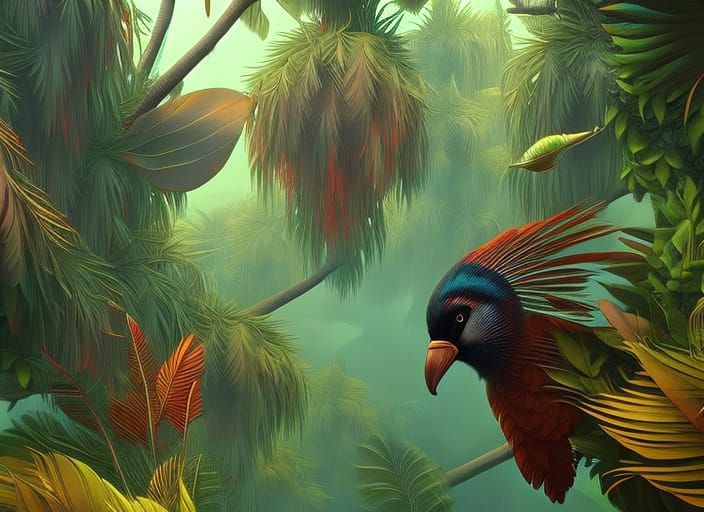 Strange intricate feathers floating in a colorful tropical rainforest ...