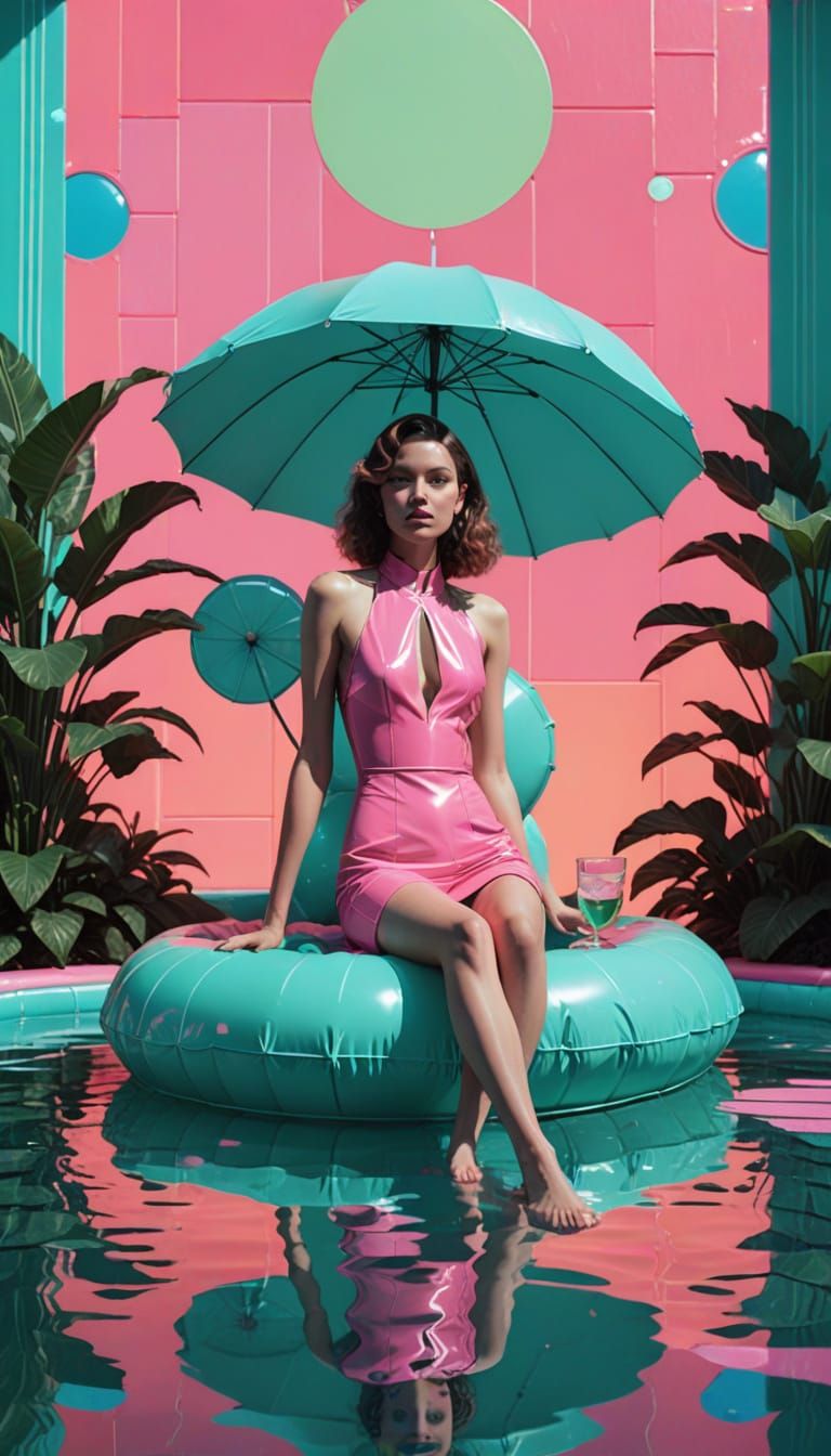 Sleek Woman Relaxing on Neon Pool Float with Paste... - AI Art