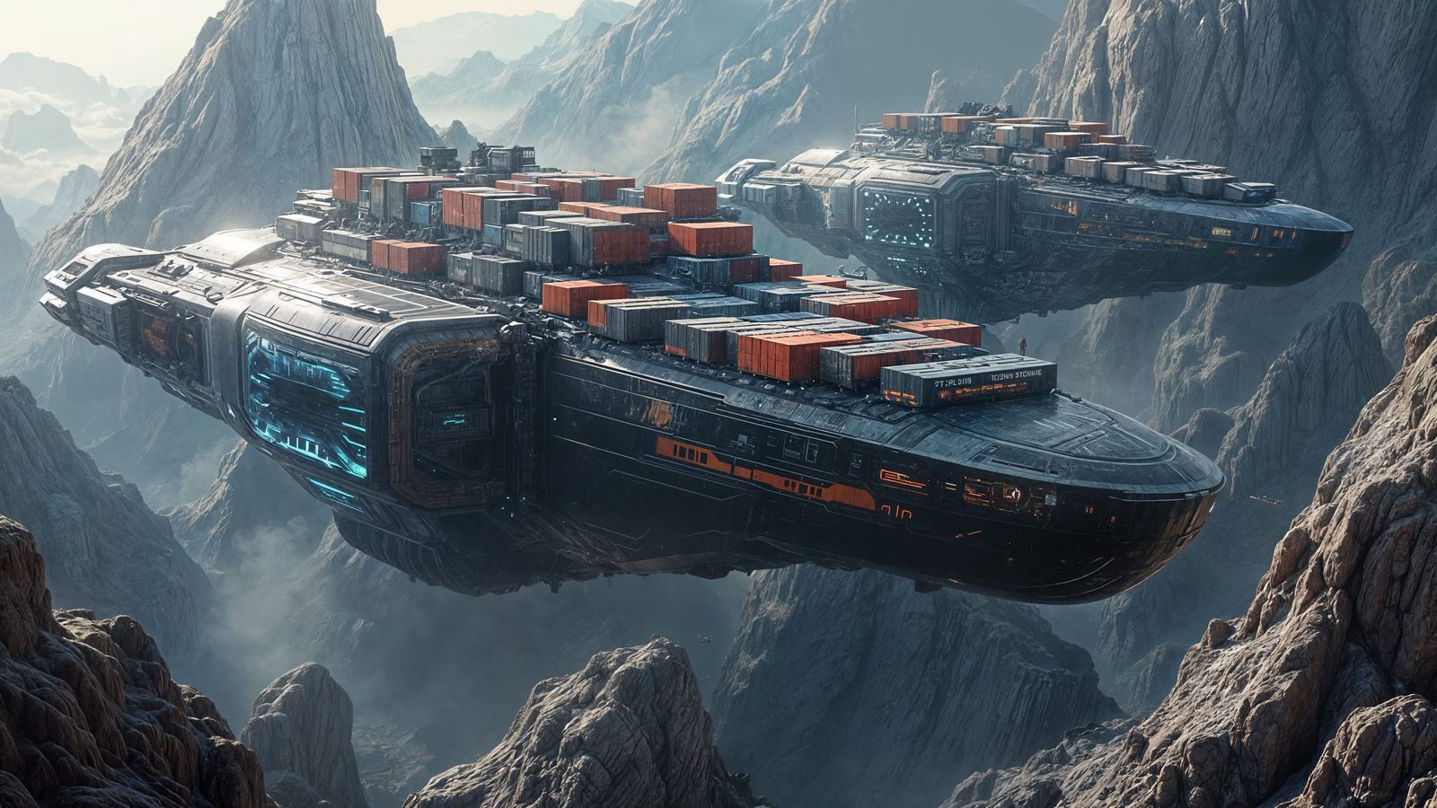 A fleet of futuristic cargo spacecraft navigates through a dense ...