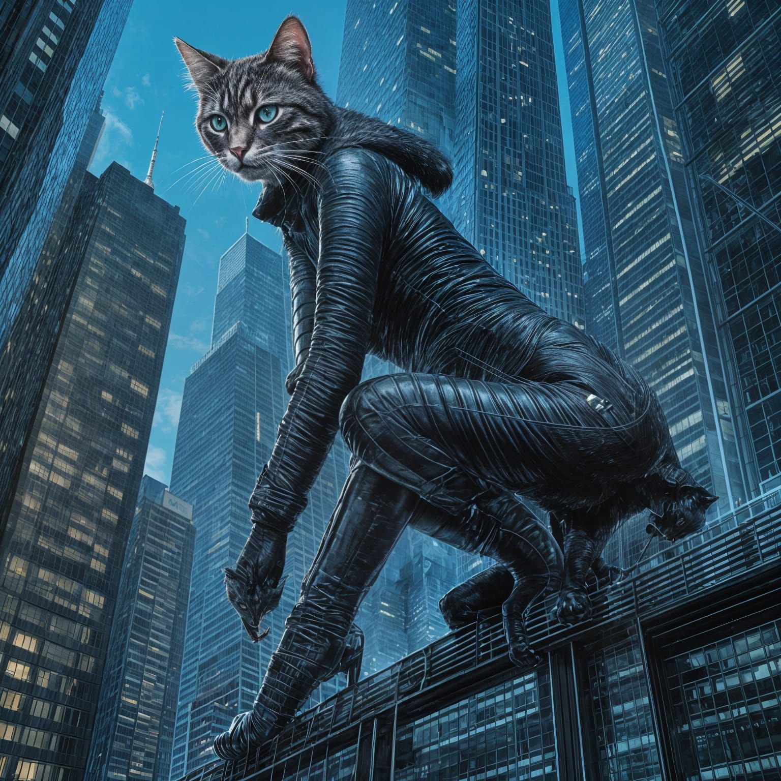 A 3D looking cat burglar scaling a skyscraper.
