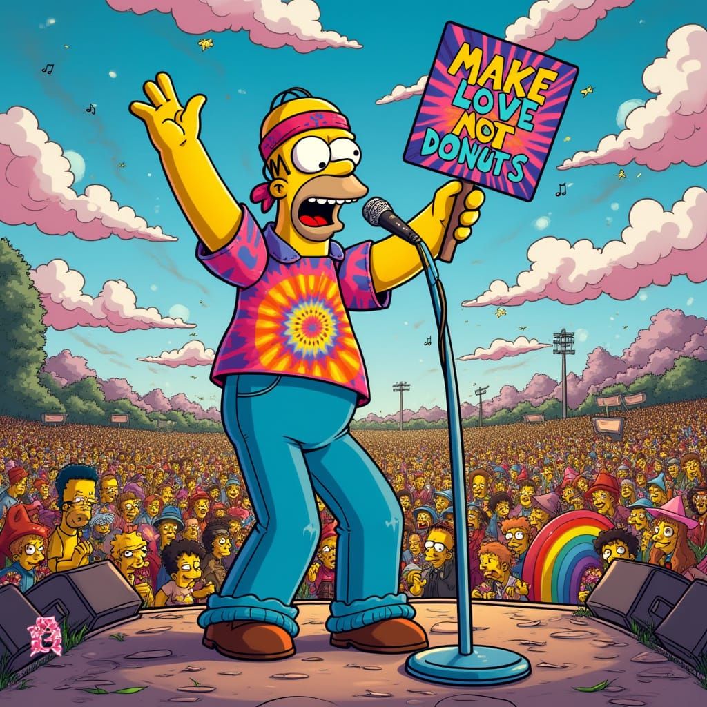 Hippie Homer Simpson Rocks Woodstock Festival - AI Art