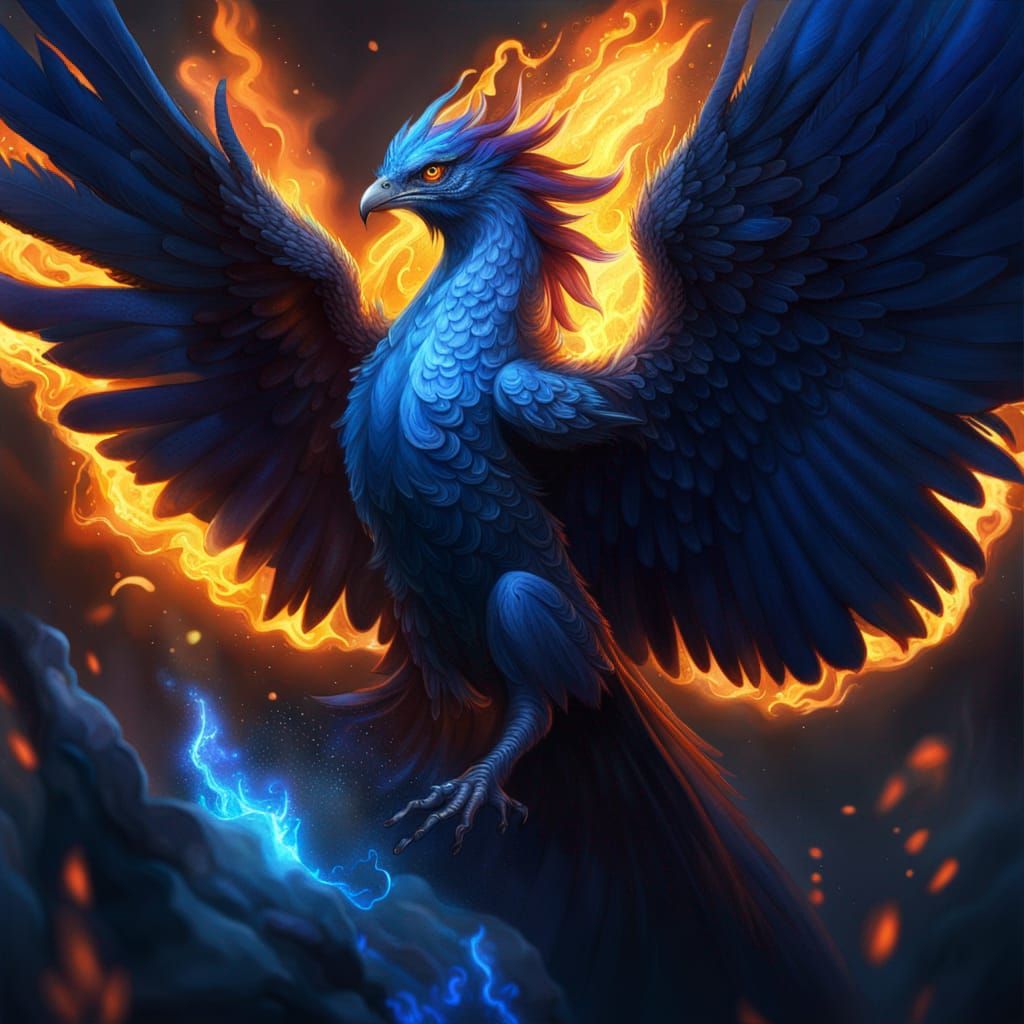 Blue Phoenix , scorching blue wings , read eyes , fire , hot flame body ...