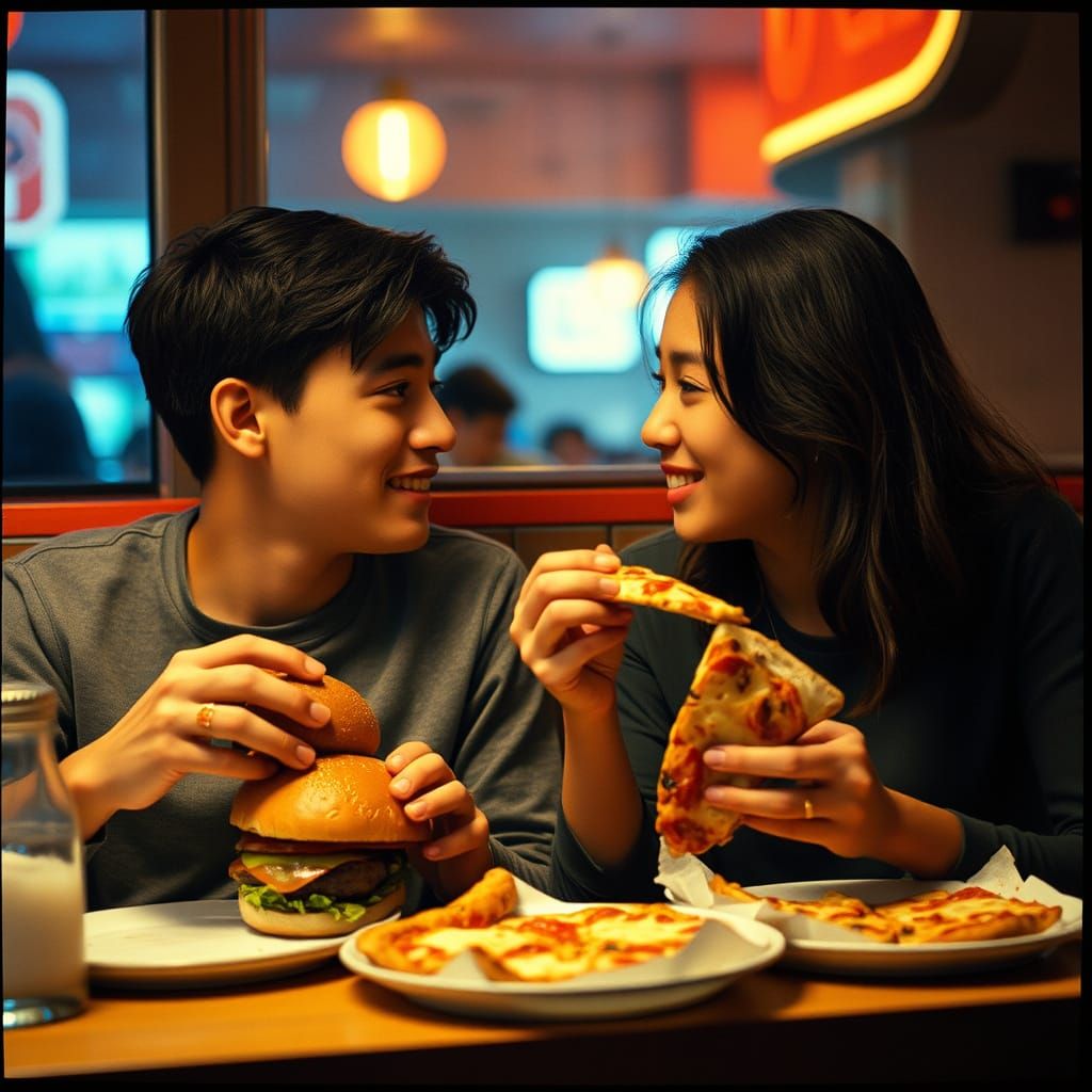 Romantic Moment of Young Couple Sharing Burger and... - AI Art