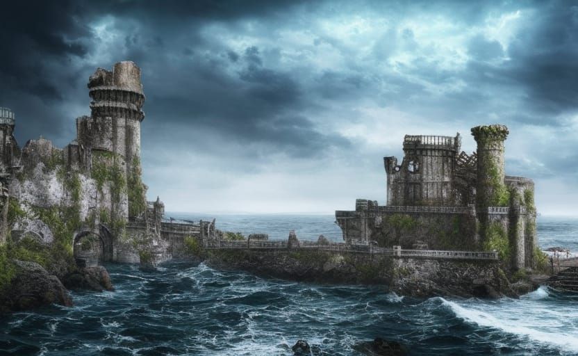 hyperdetailed ruined castle on stormy ocean beach in evening, realistic ...