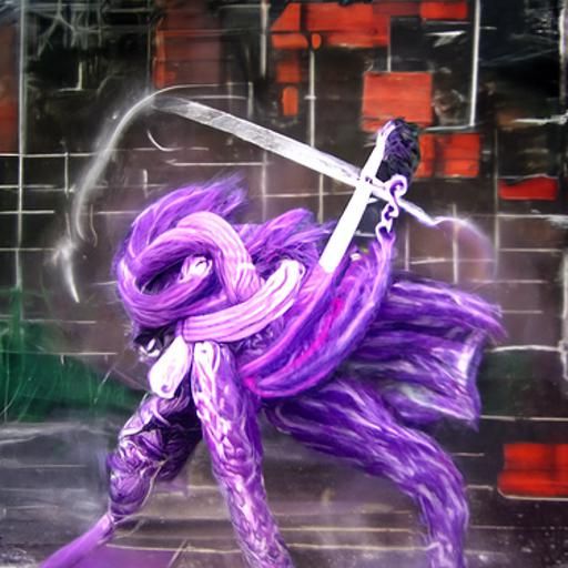Purple bladed swordsman with long purple curls and purple chains ...