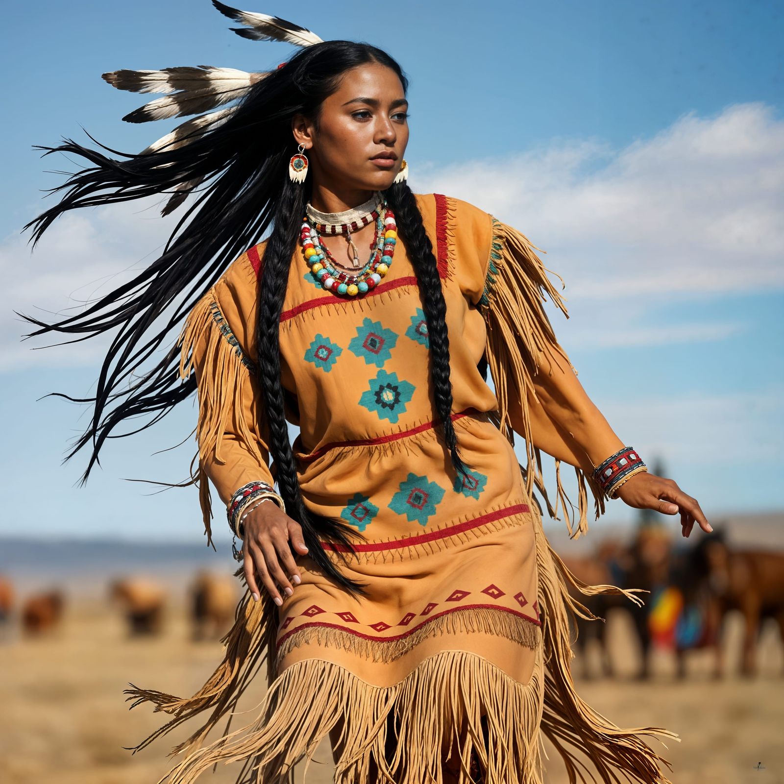 Lakota woman participates in a traditional powwow on the vast plains of ...