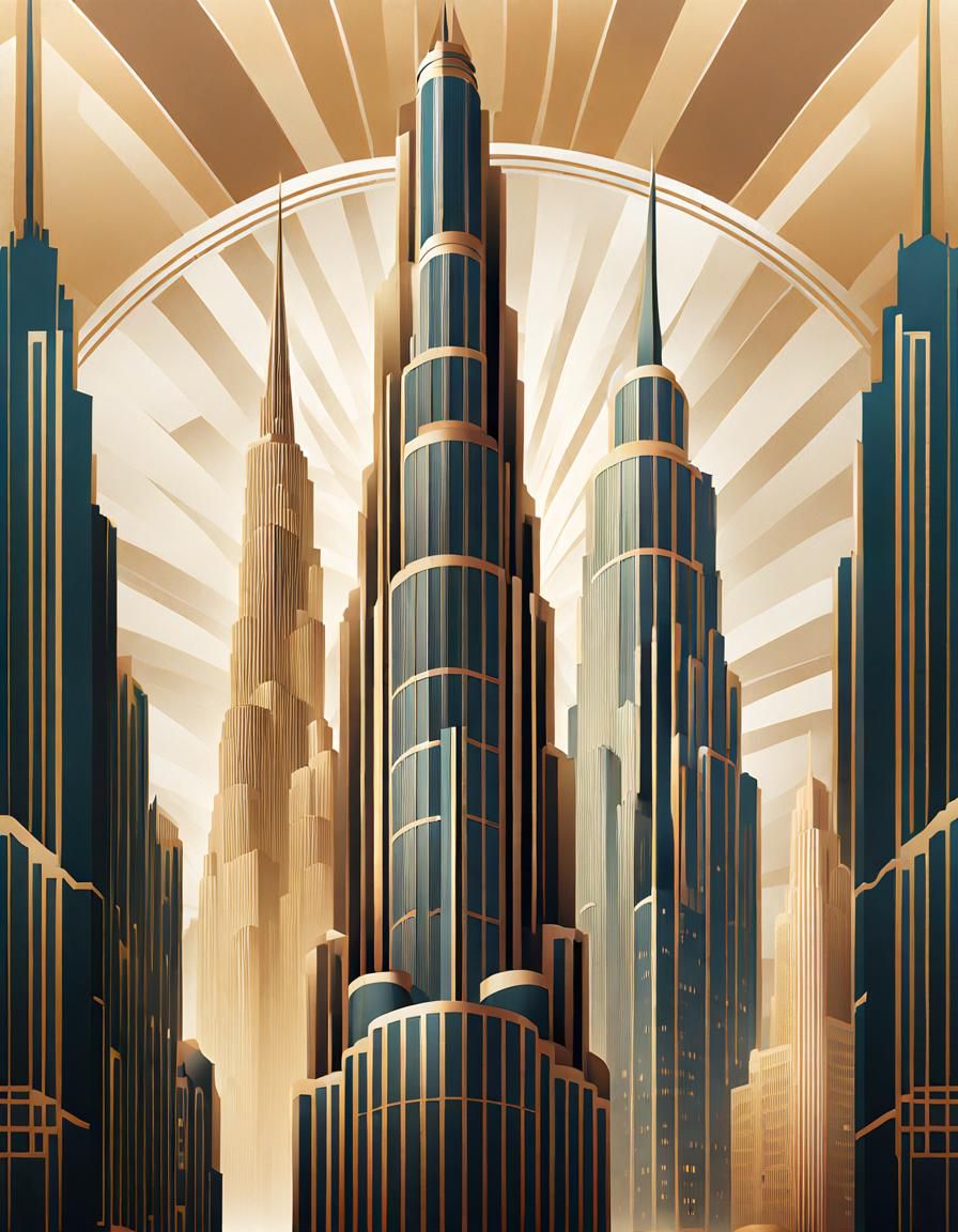 Art Deco skyscraper stylized cedar tree extreme verticals symmetry ...