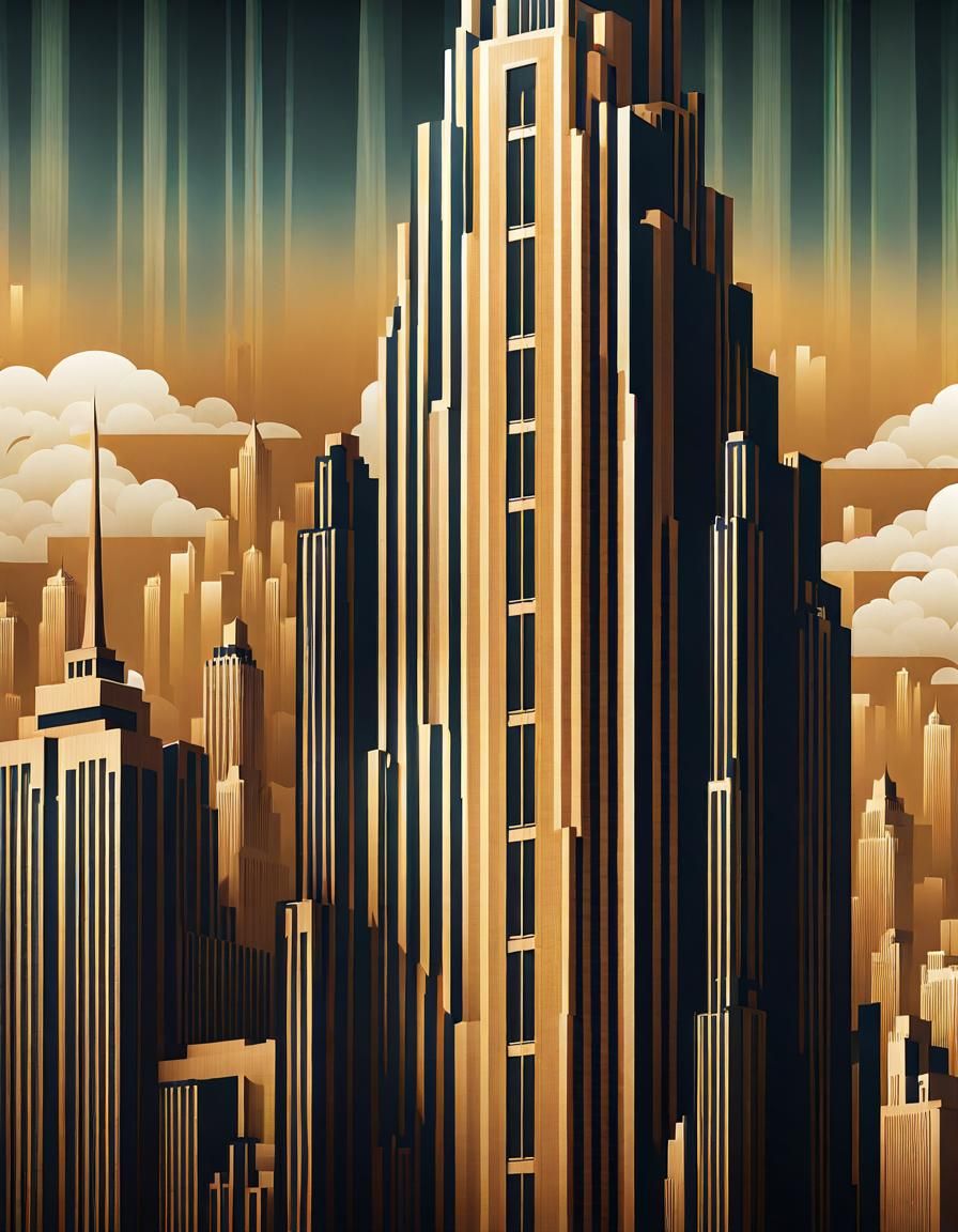Art Deco skyscraper stylized cedar tree extreme verticals symmetry ...