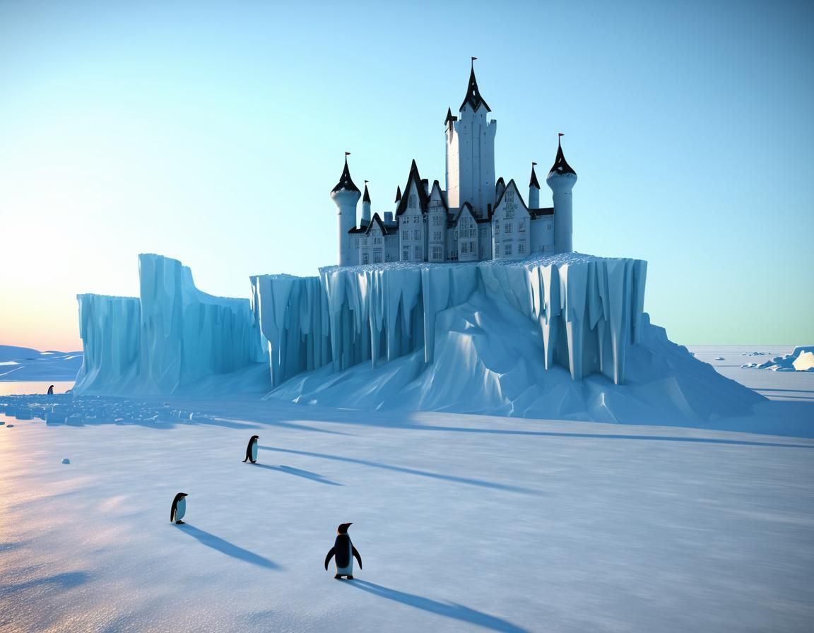 Ice castle in Anctartica. Penguins. Midnight sun. hyperrealism ...
