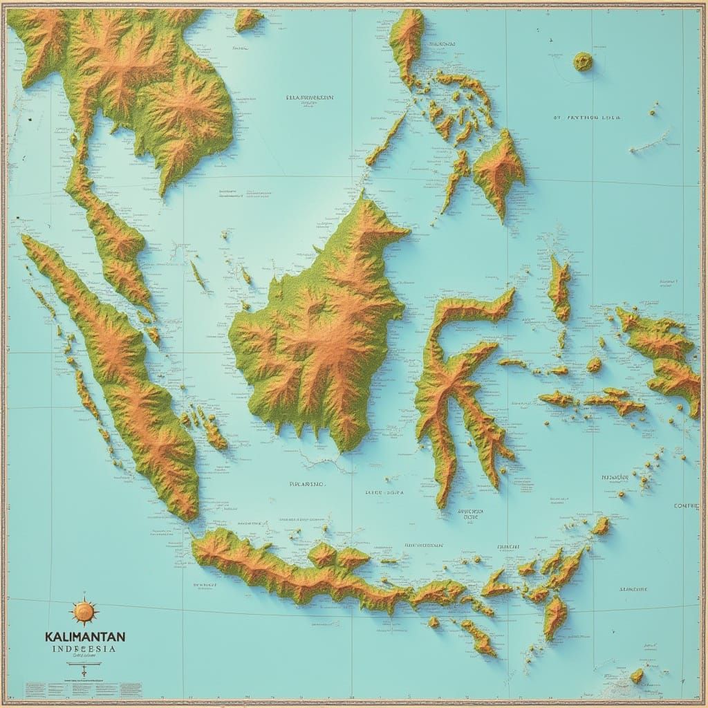 Kalimantan Island Topographic Map in Vintage Natio... - AI Art