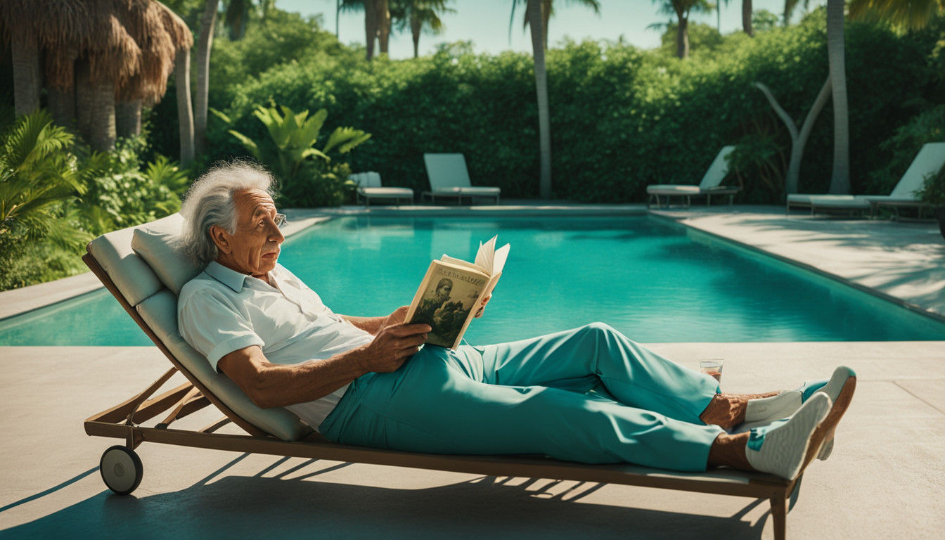 Albert Einstein lounging casually by the pool
