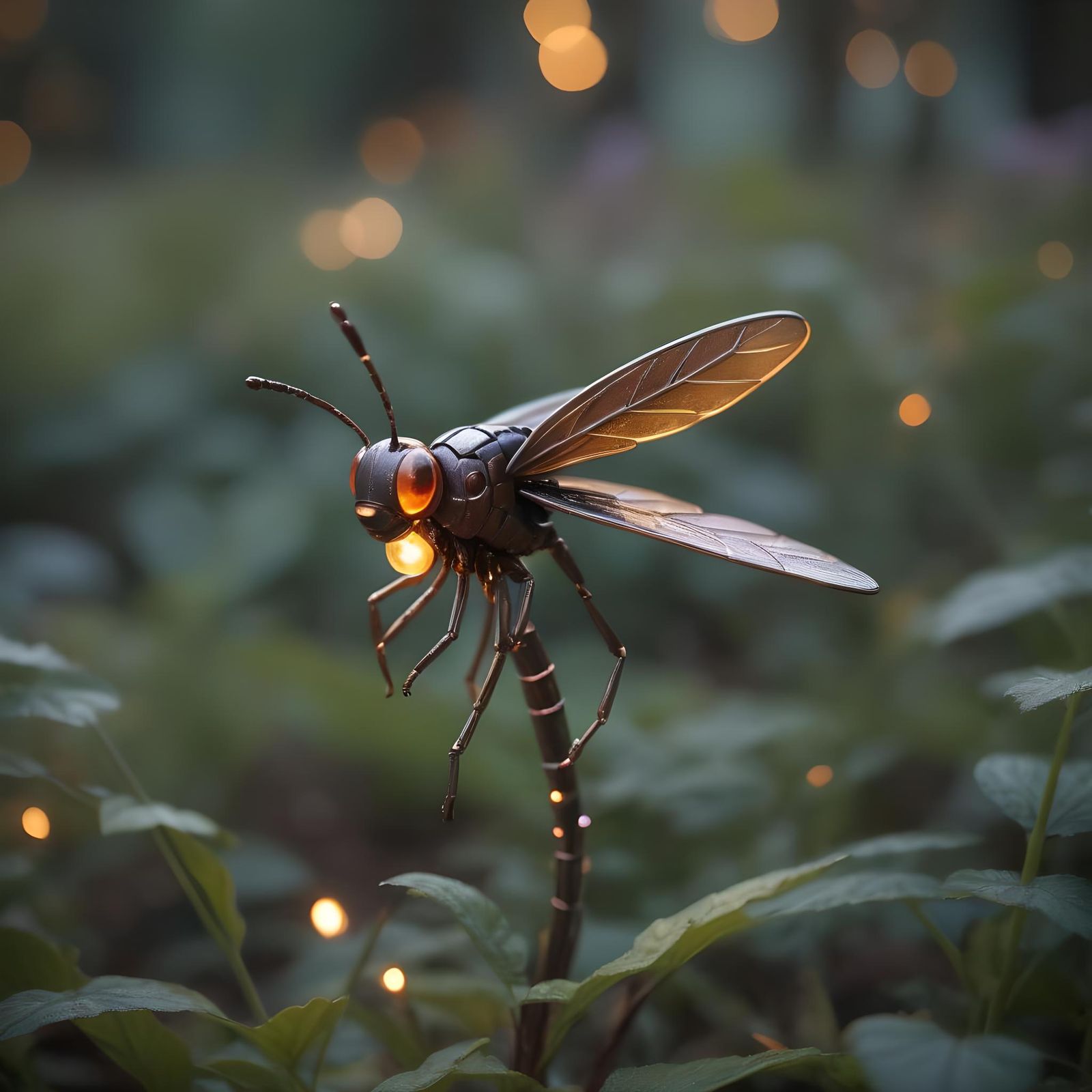 Art Deco metal glowing firefly sculpture, Fujifilm color positive ...
