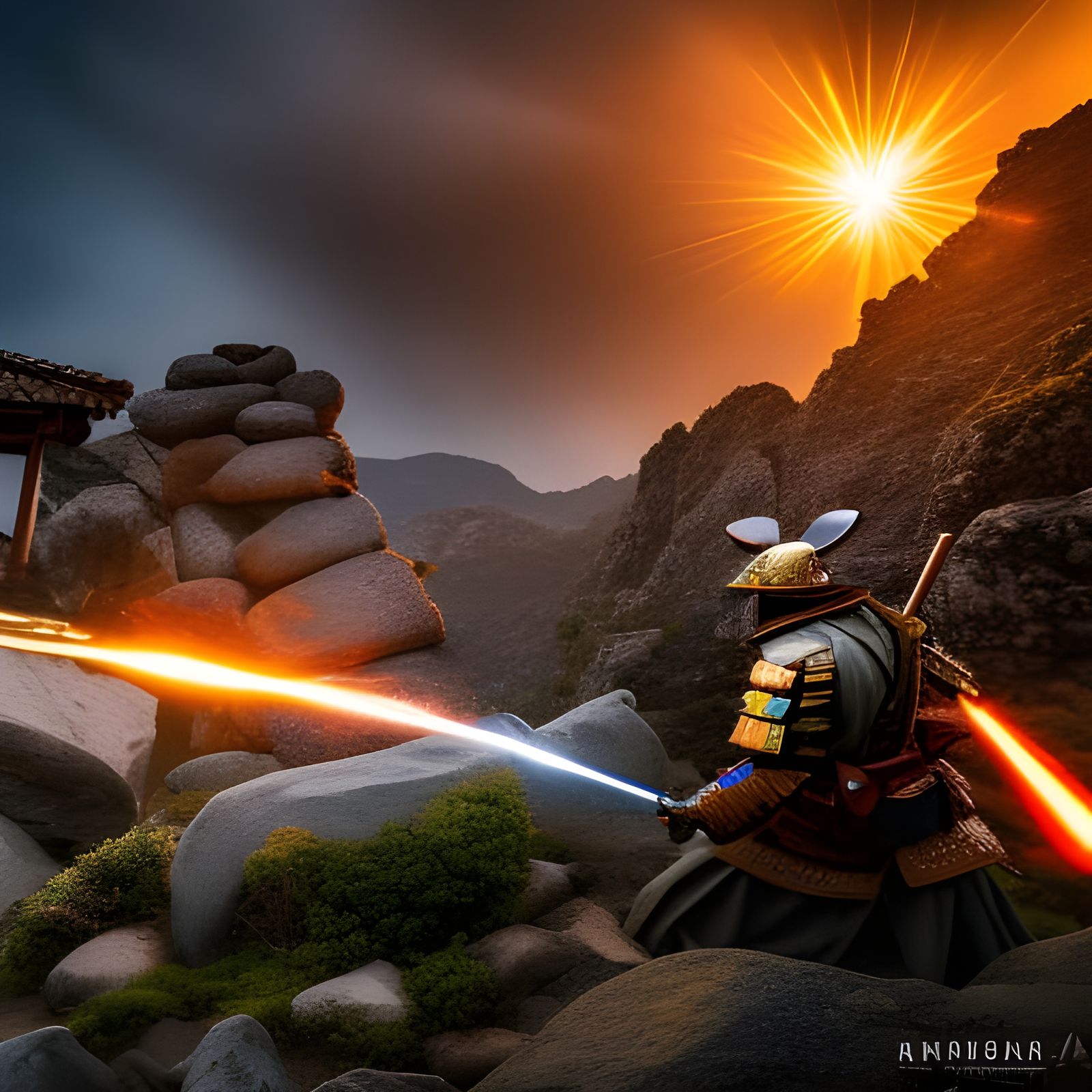 samurai rabbits engaged in a fierce battle on a rocky mountainside. The ...
