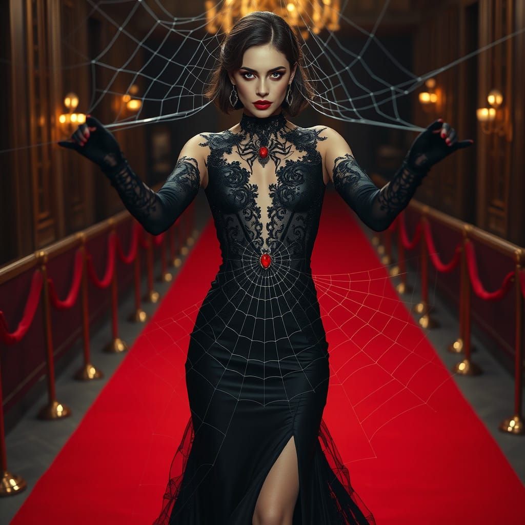 synth Gothic woman on red carpet in a short tight black and red dress ...