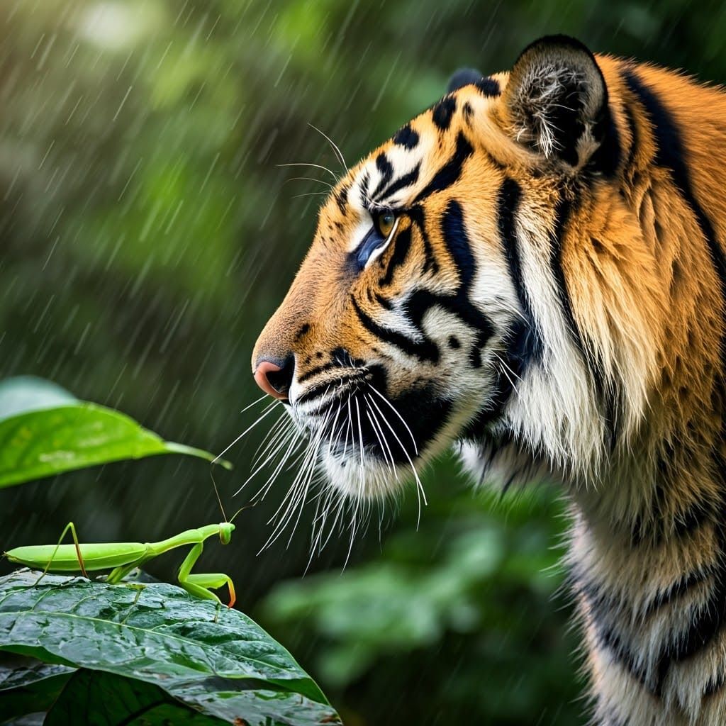Wildlife photography: A tiger in a rainy tropical forest, a small green ...