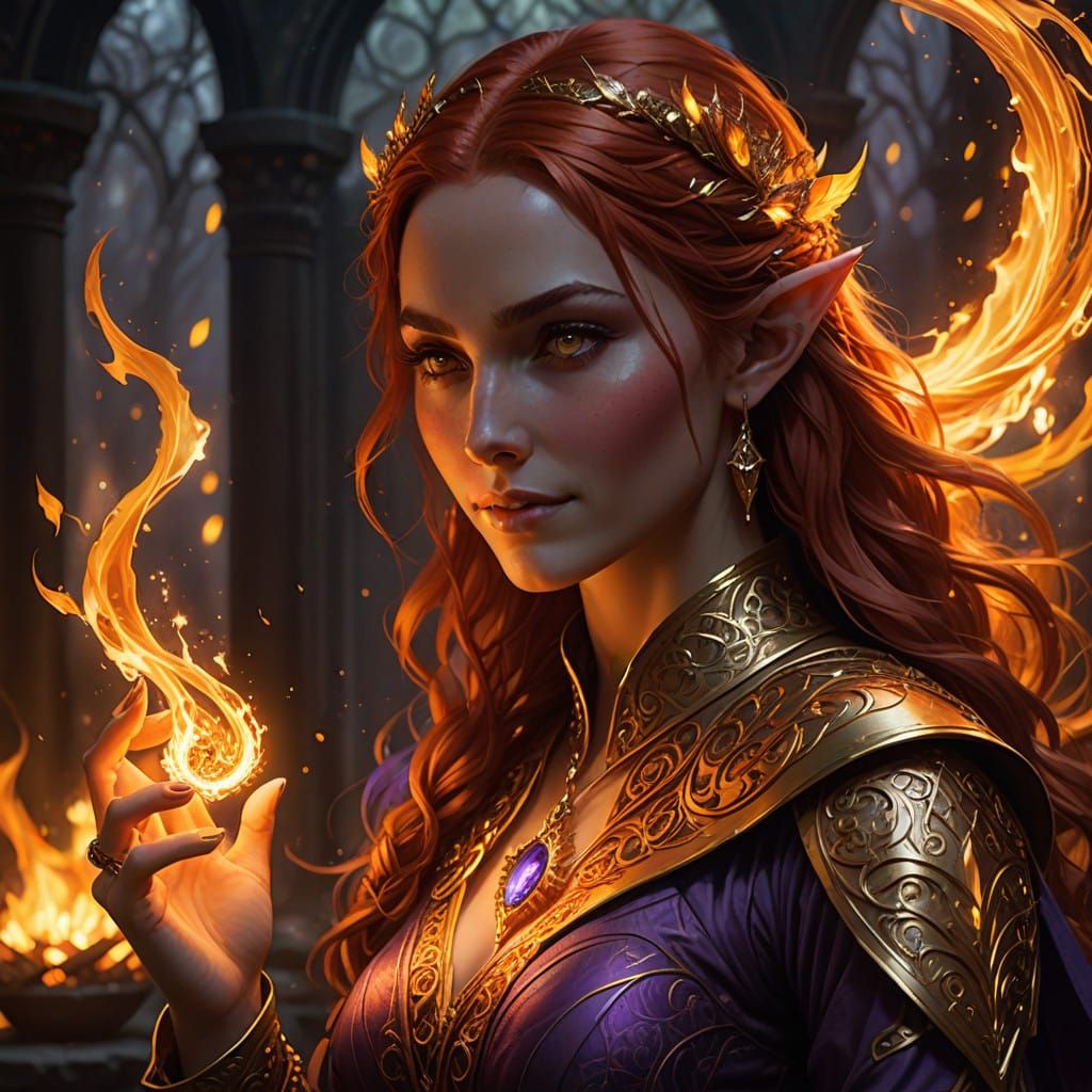 Enchanting Elf Woman Casts Fiery Spell in Warm, Go... - AI Art