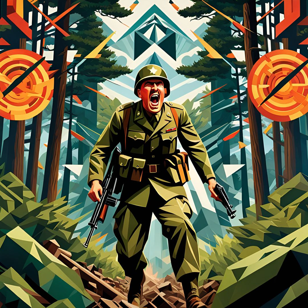 "Stylish WW2 Soldier screaming in forest battlefield bombs exploding ...