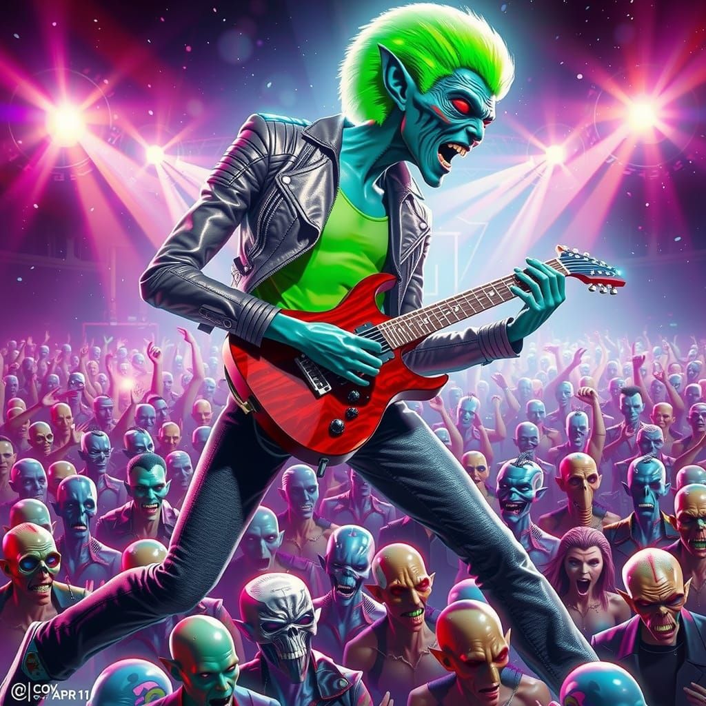 Energetic rock concert, vibrant, stylized. Alien rocker with bright ...