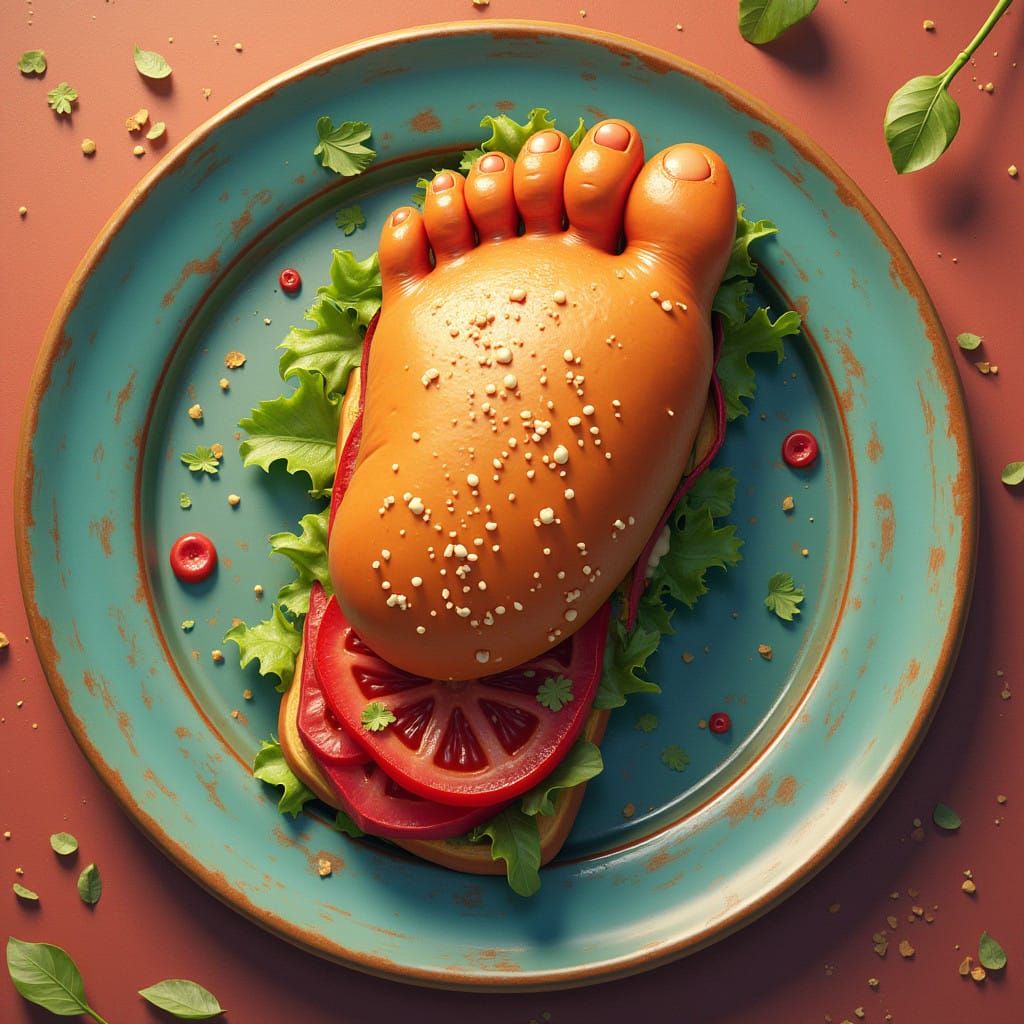 Whimsical Foot Sinks into Juicy Sandwich from Abov... - AI Art