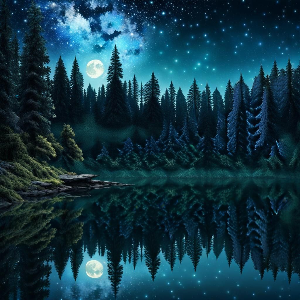 Starry night above a Breathtaking forest by the lake - AI Generated ...