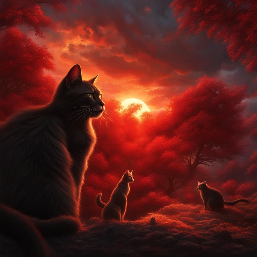 The sun was going down, the sky a blaze of scarlet, as the cats plodded ...