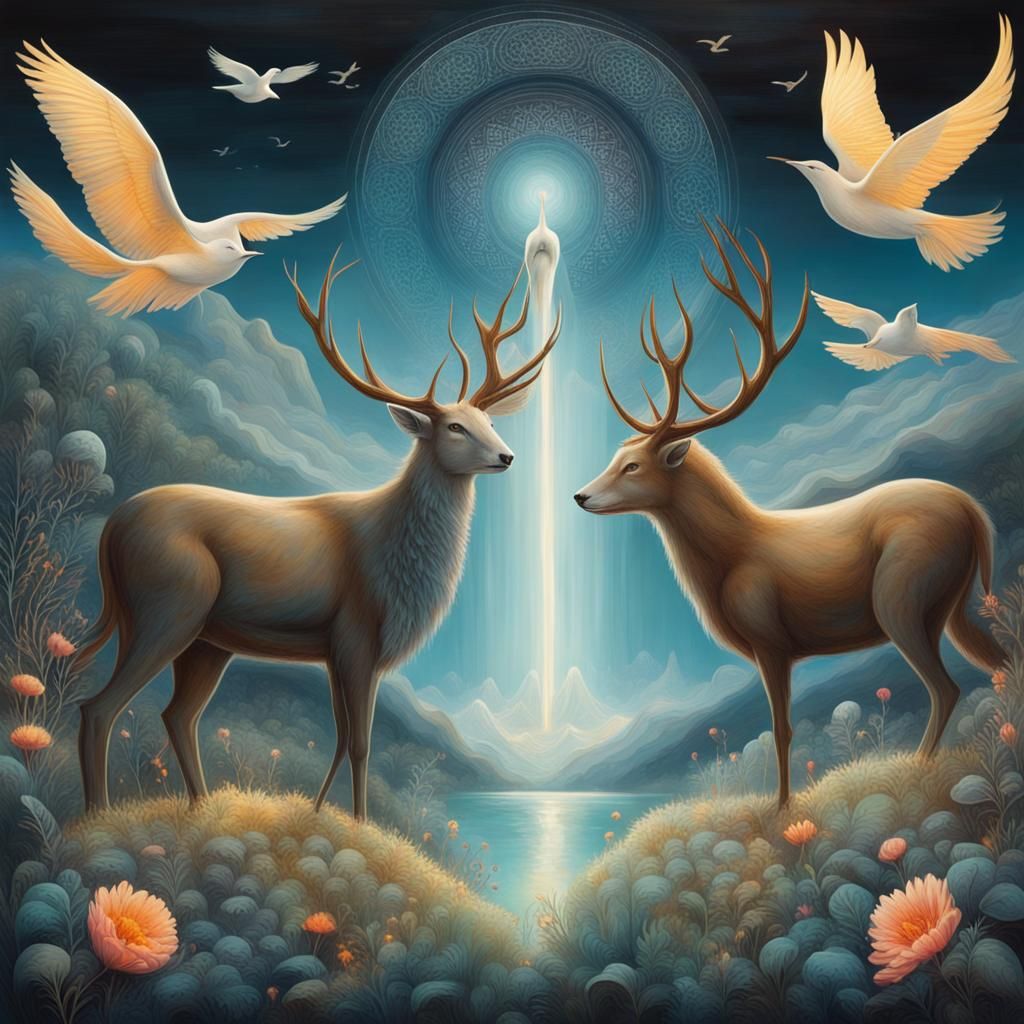 depict the soul embodied in nature in highly illuminated landscape with ethereal soul animals ...