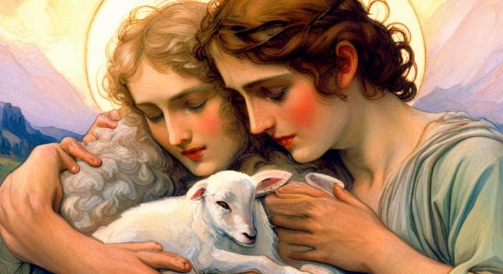 closeup of a lamb being held by a shepherd savior, bible, Alphonse ...