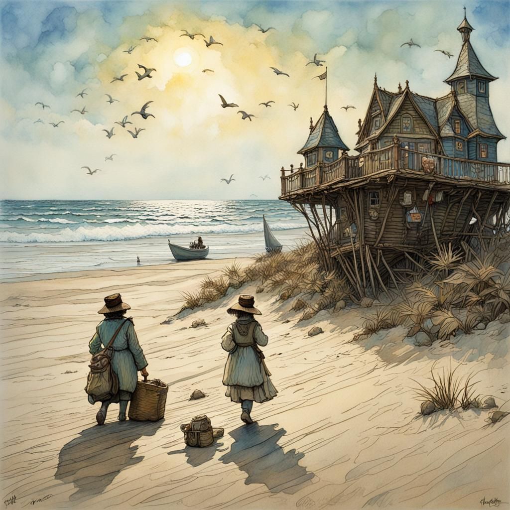day at the beach in 1899, exquisite 3d digital art with iridescent ...