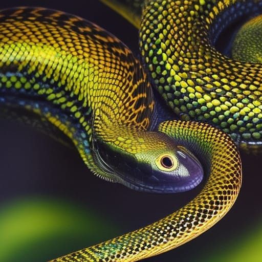 A front shot view of a detailed and striking portrayal of a snake's ...