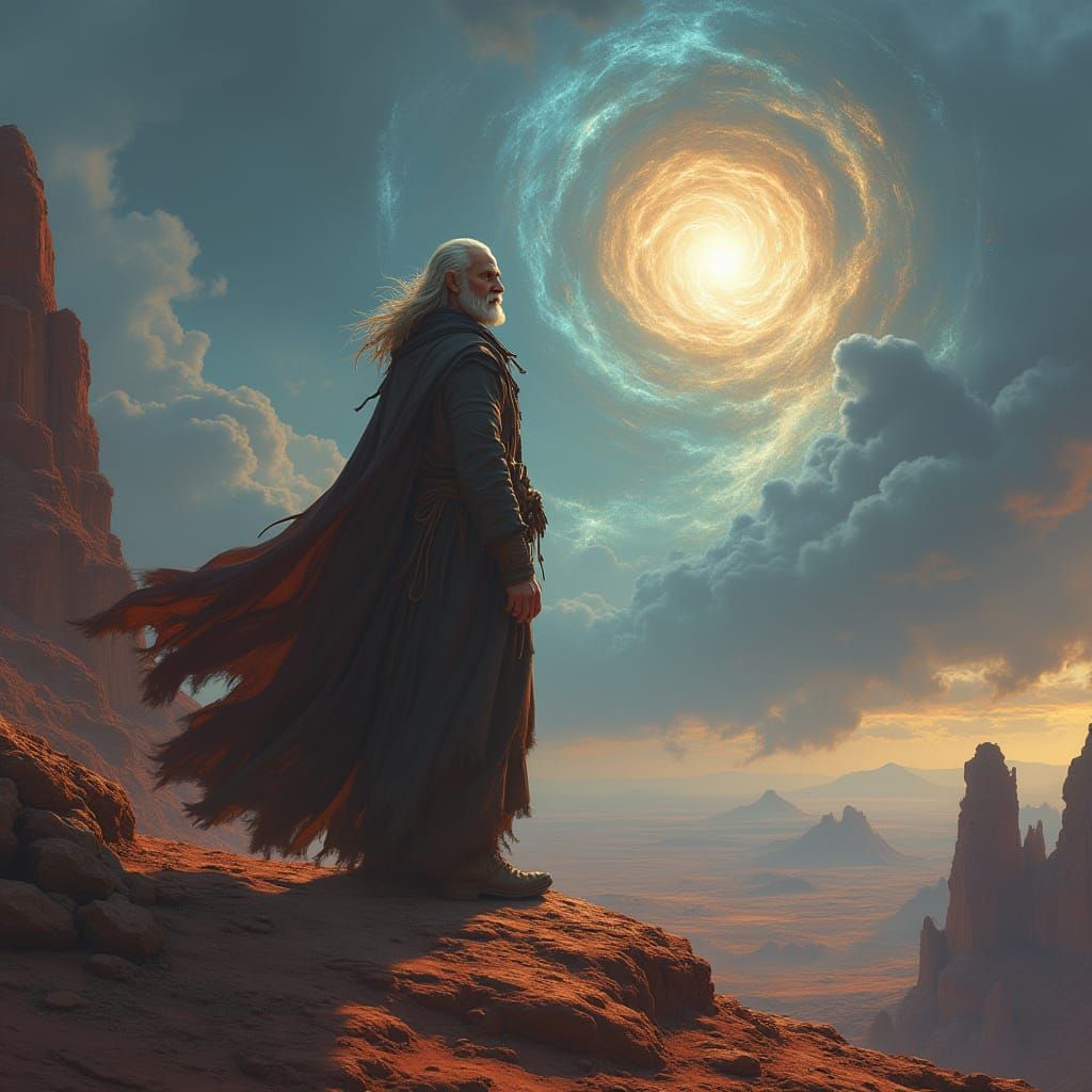 Mystic Wizard Stands Before Swirling Vortex in Win... - AI Art