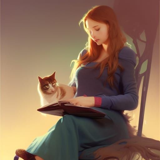 Caroline reads a book with her cat - AI Generated Artwork - NightCafe ...