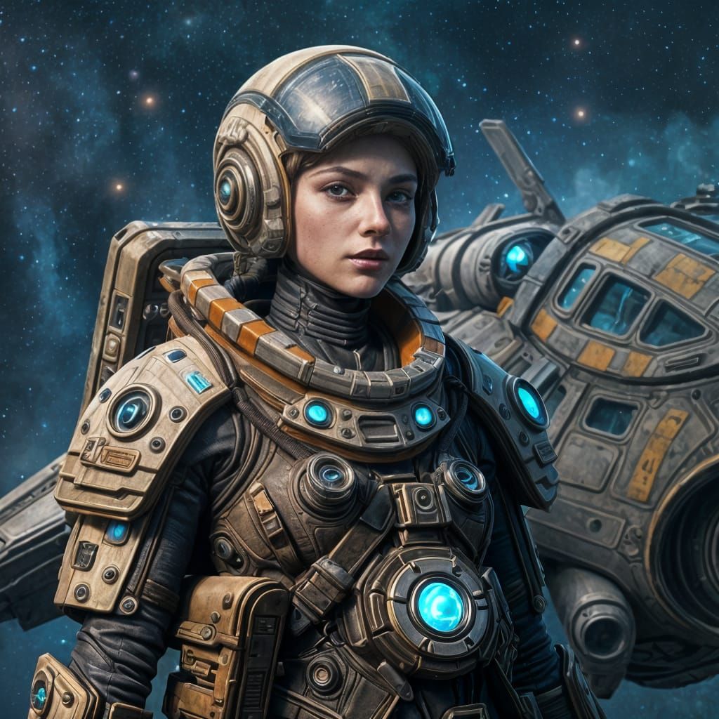 A female Space Pilot, her spaceship as background