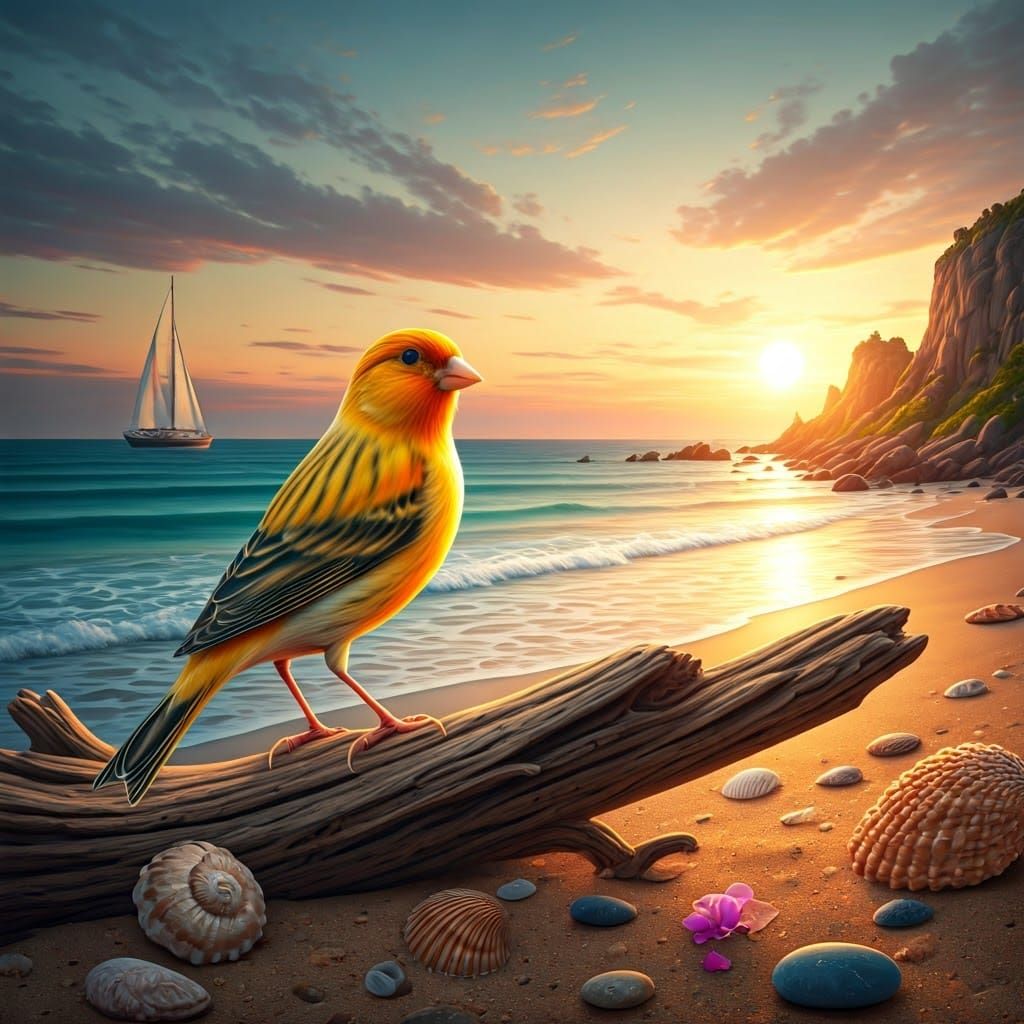 A canary at the beach - Vibrant Canary Amidst Tropical Beach...