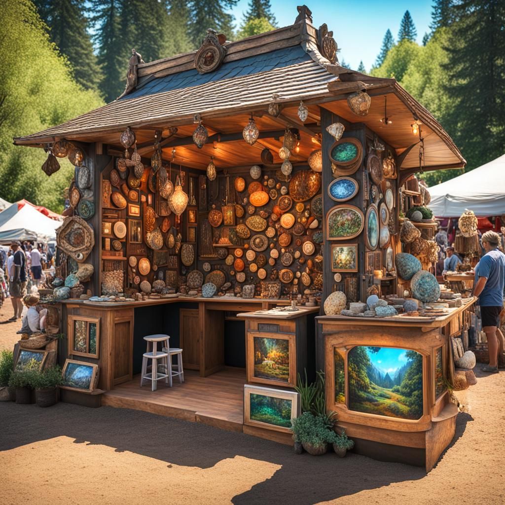 An intricately built booth at a craft fair selling Ceramic Pendants ...