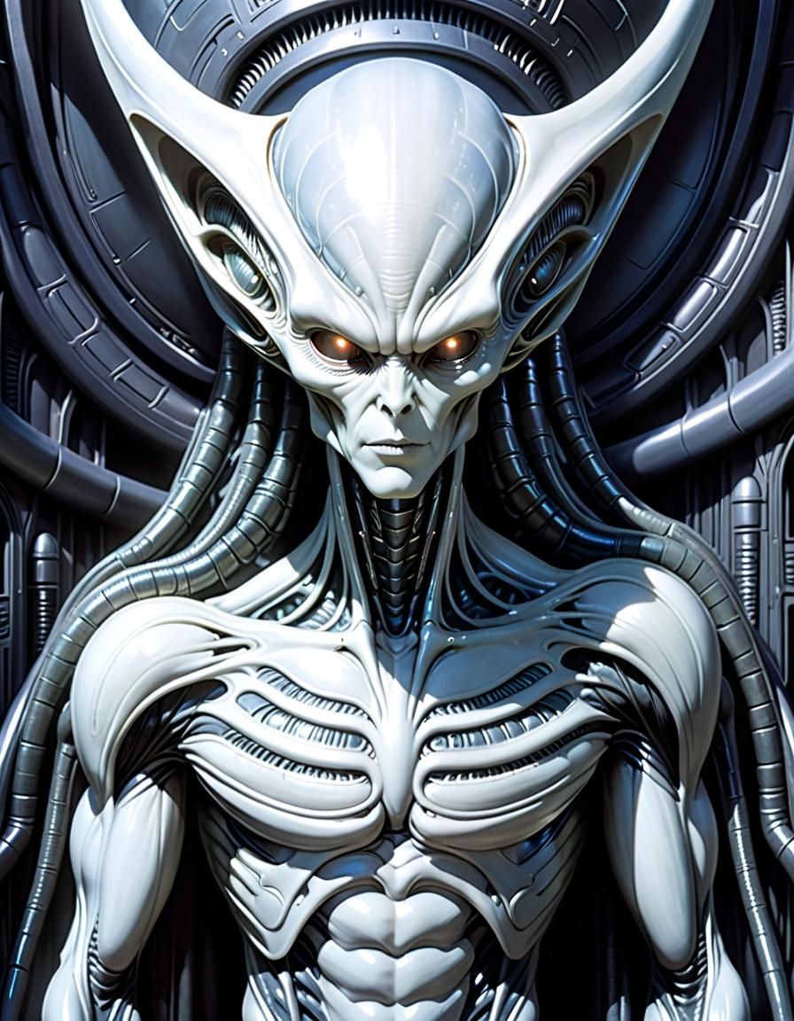 an extraterrestrial male with veiny skin, stern look, inside an alien ...