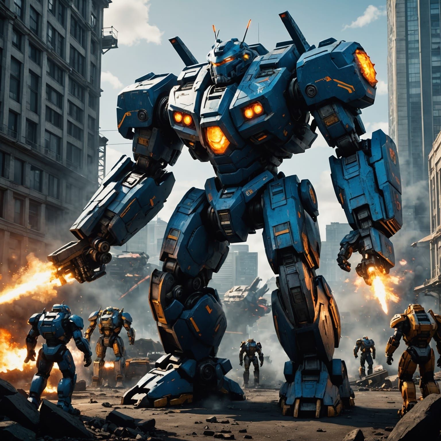 pacific rim giant mech on the battlefield, mech war, missiles, fire ...