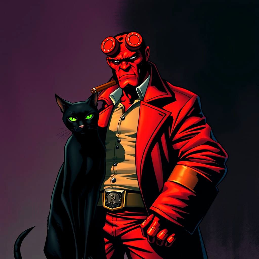 Hellboy in Comic Book Style with Mischievous Cat - AI Art