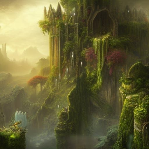 Hidden city with mythical creatures, covered in vines - AI Generated ...