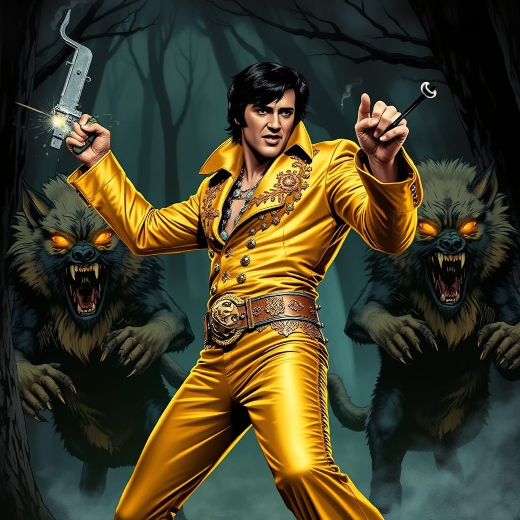 Elvis Presley Battles Werewolves in Dark Forest - AI Art