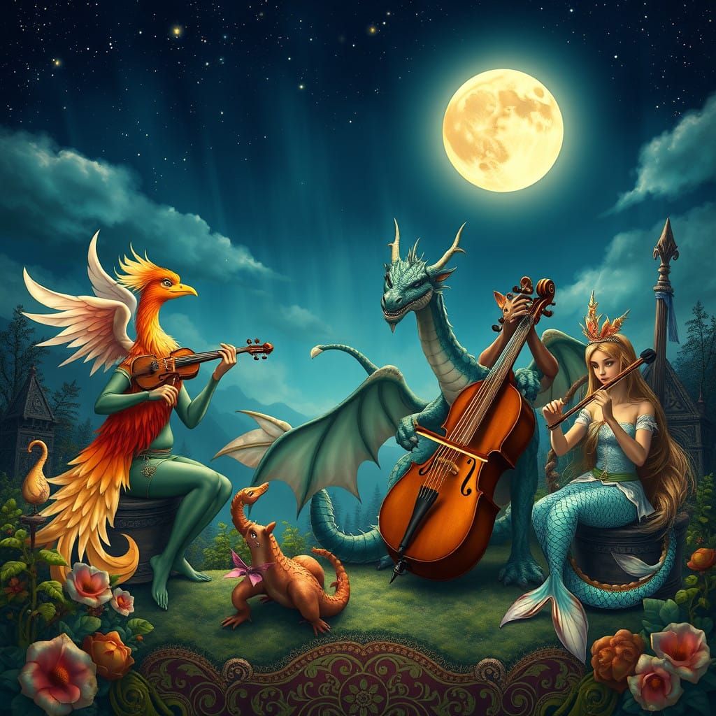 Mythical creatures in an Orchestra playing under a starlit night