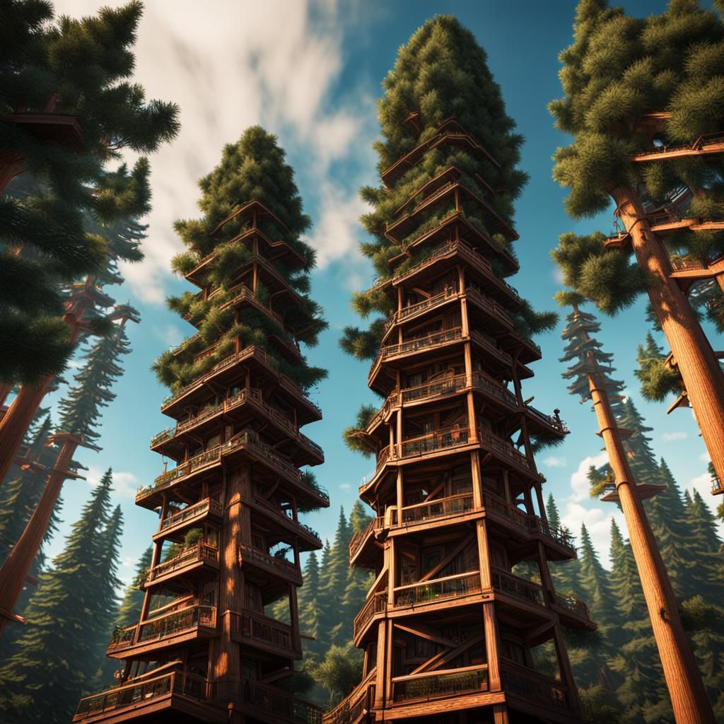 crazy tower tycoon, douglas fir trees - AI Generated Artwork ...