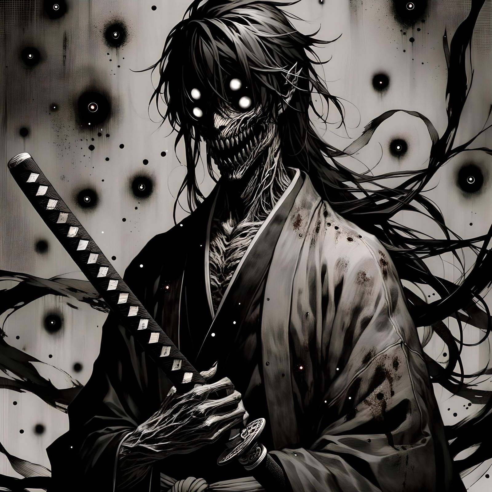 Foreground: Humanoid demon, multiple eyes on face, black hair ...