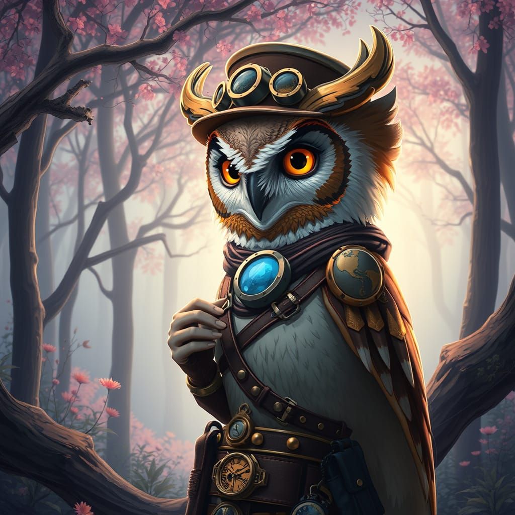 Steampunk Barn Owl Ranger in Mystic Forest - AI Art