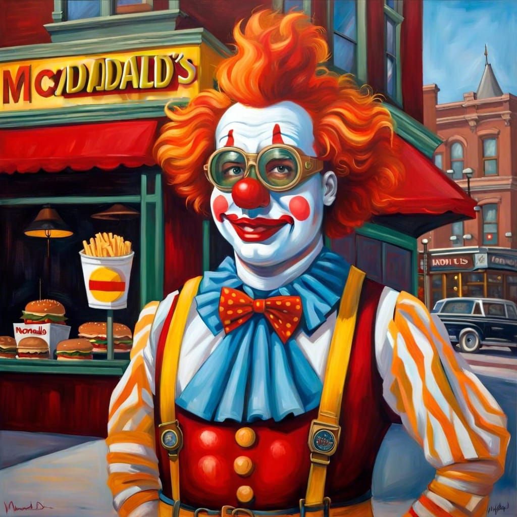 (TEXT: "McDONALD'S":1.5), Steampunk Ronald McDonald clown, (wearing ...