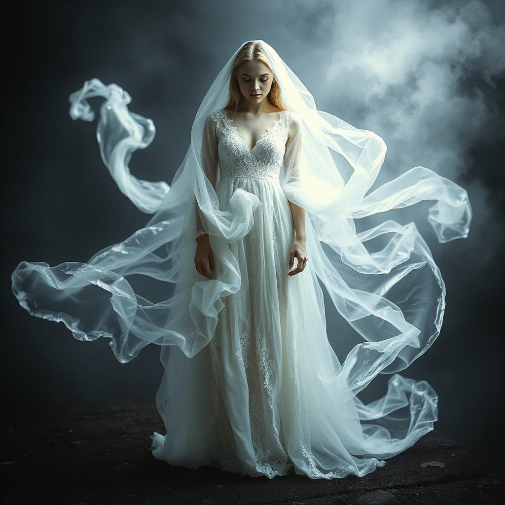 A mystical scene depicts a striking woman wearing a vaporous, ethereal ...