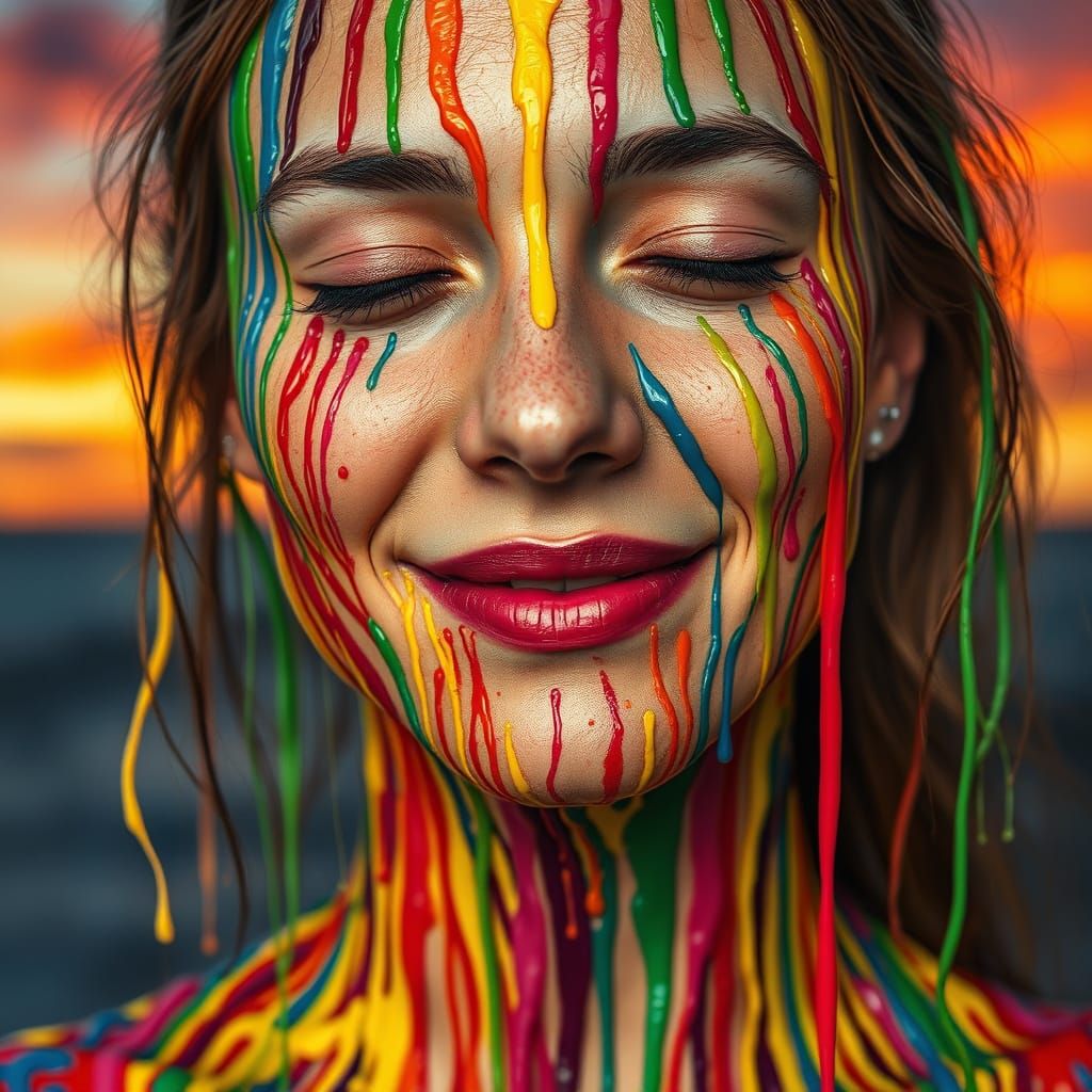 Rainbow drip - Young Woman Enveloped in Vibrant Dripping Pai...